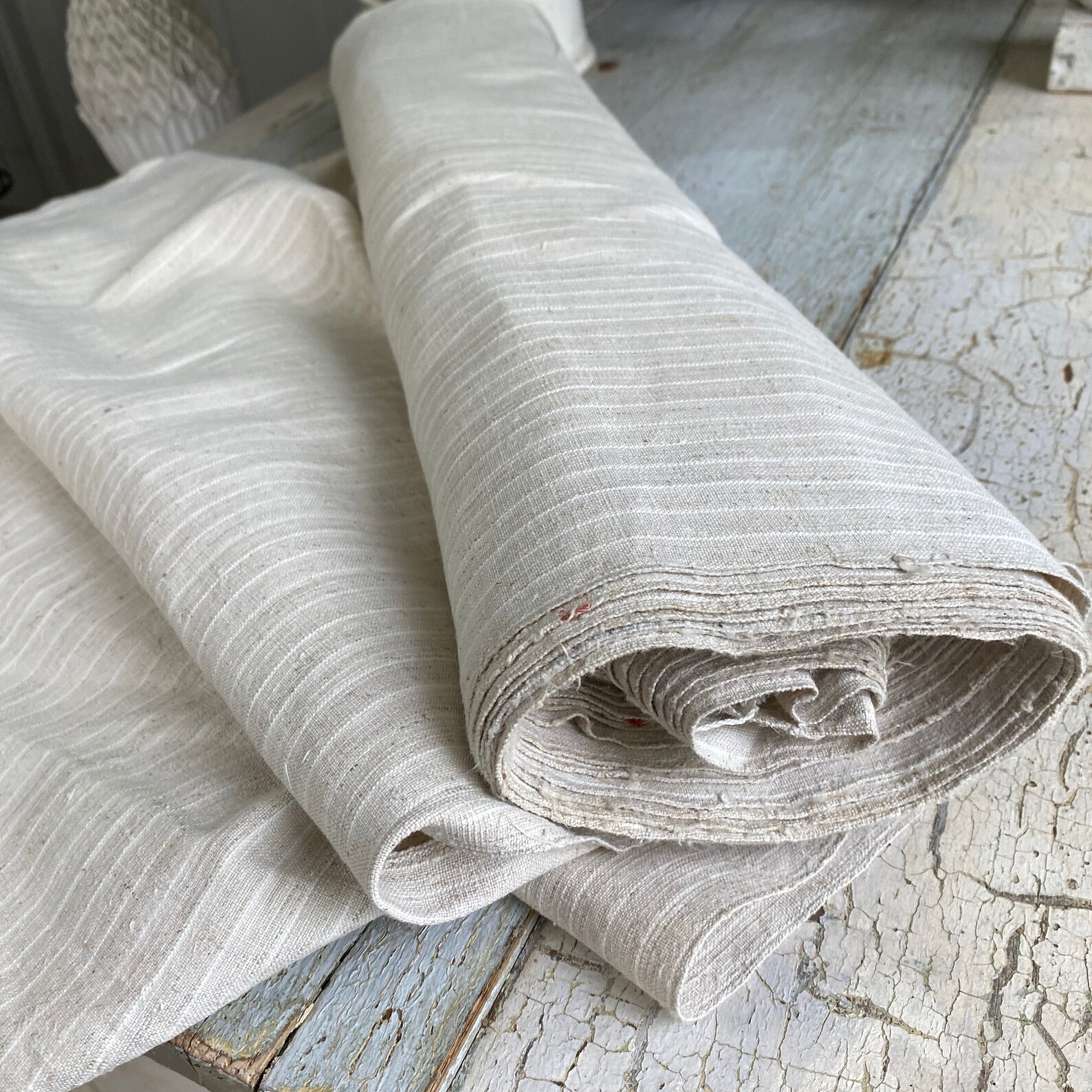 Organic Hemp Homespun Antique Linen Striated Striped Material Fabric ...