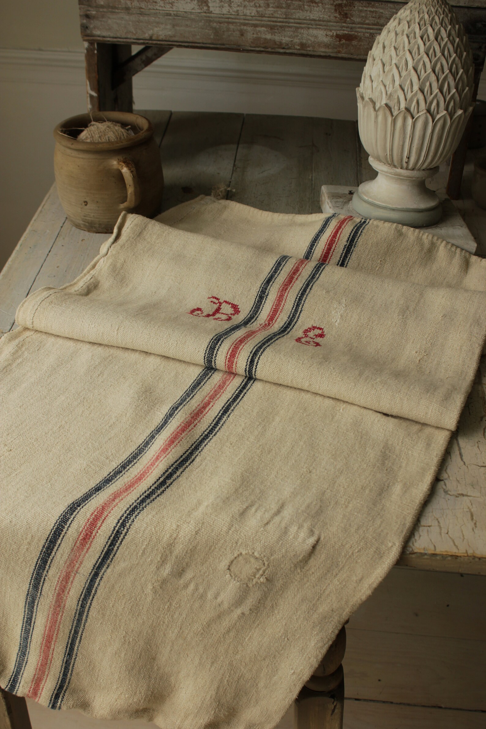 Grain Sack Fabric Grainsack Linen Large BE Monogram Red and - Etsy