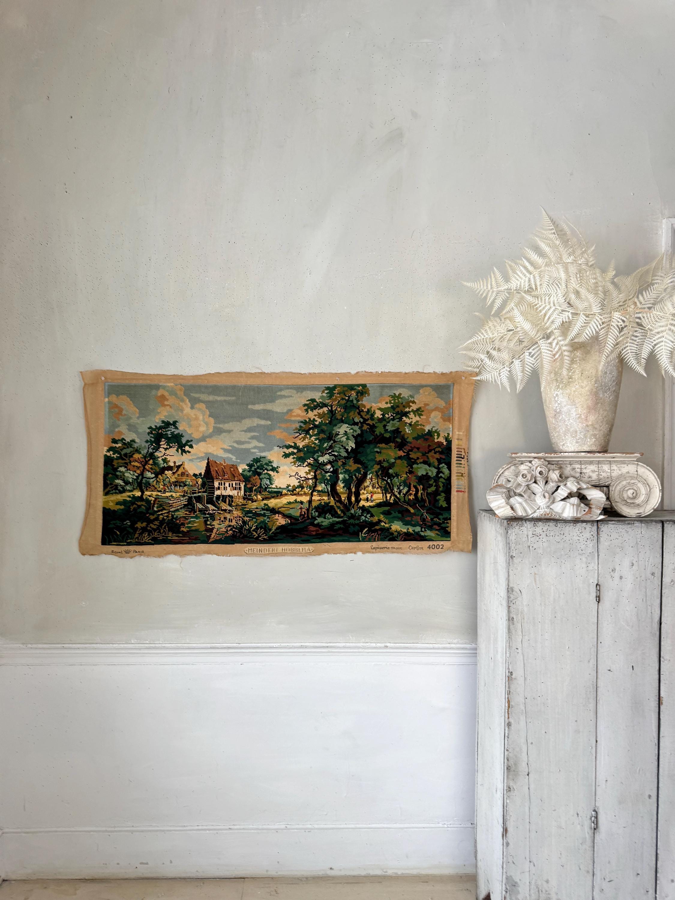 3.7ft X 1.7ft Vintage Needlework Wall Hanging 1940’s European Landscape ...