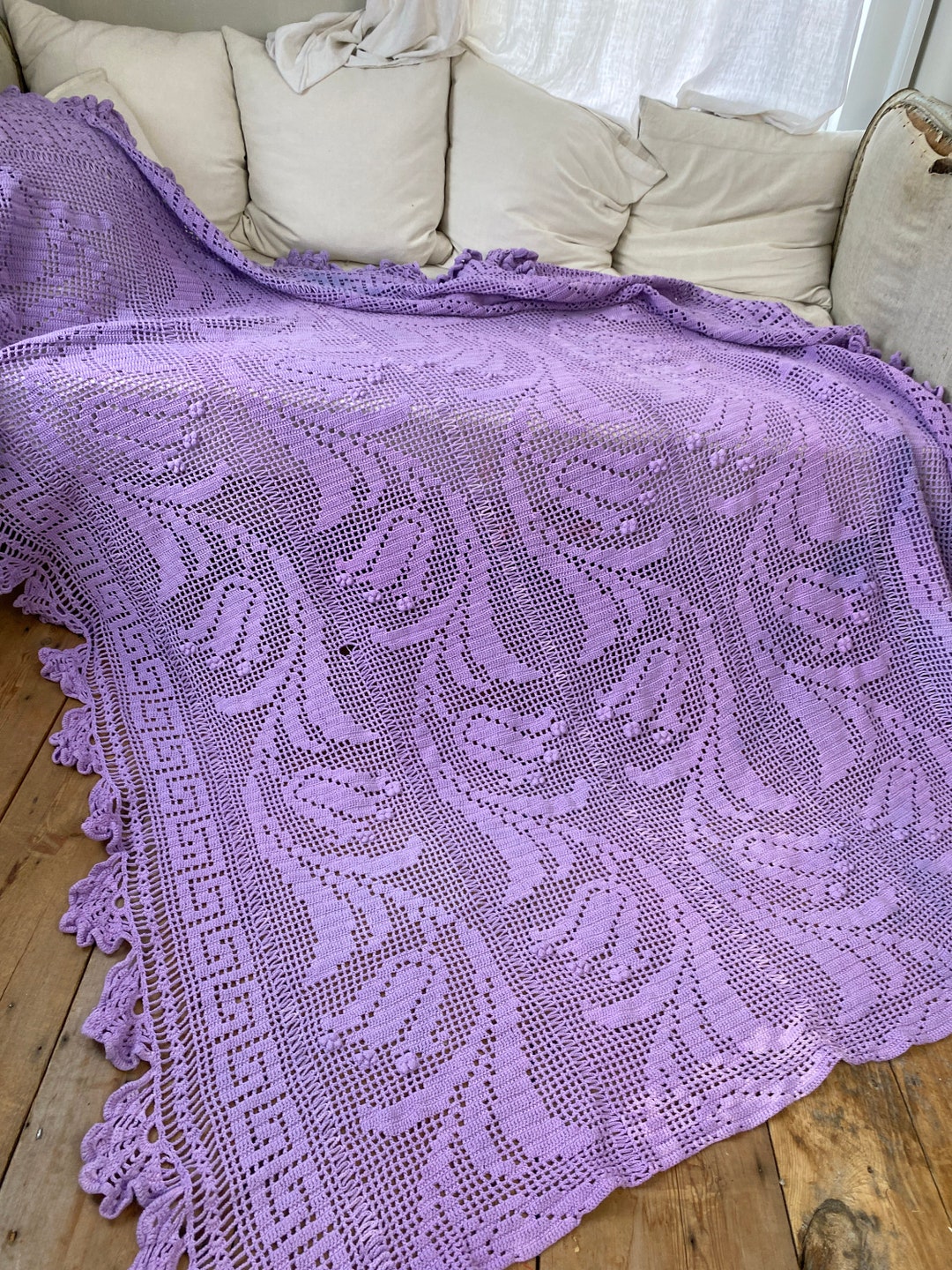 MASSIVE Purple Dyed Antique French Crocheted Textile Crochet Bed Cover ...