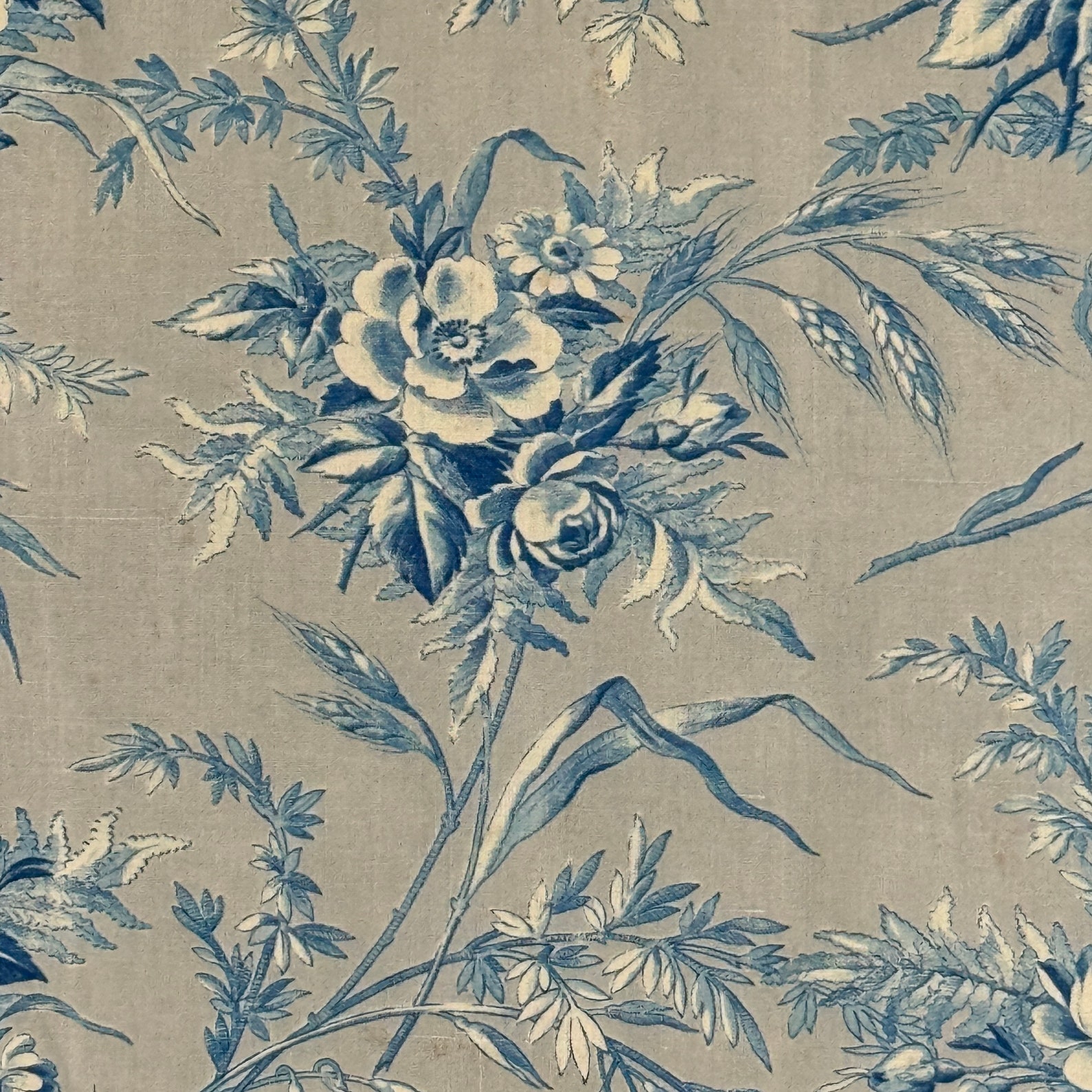 76x33 WOW Antique GRAY GREY Blue French Floral Fabric Material Delft ...