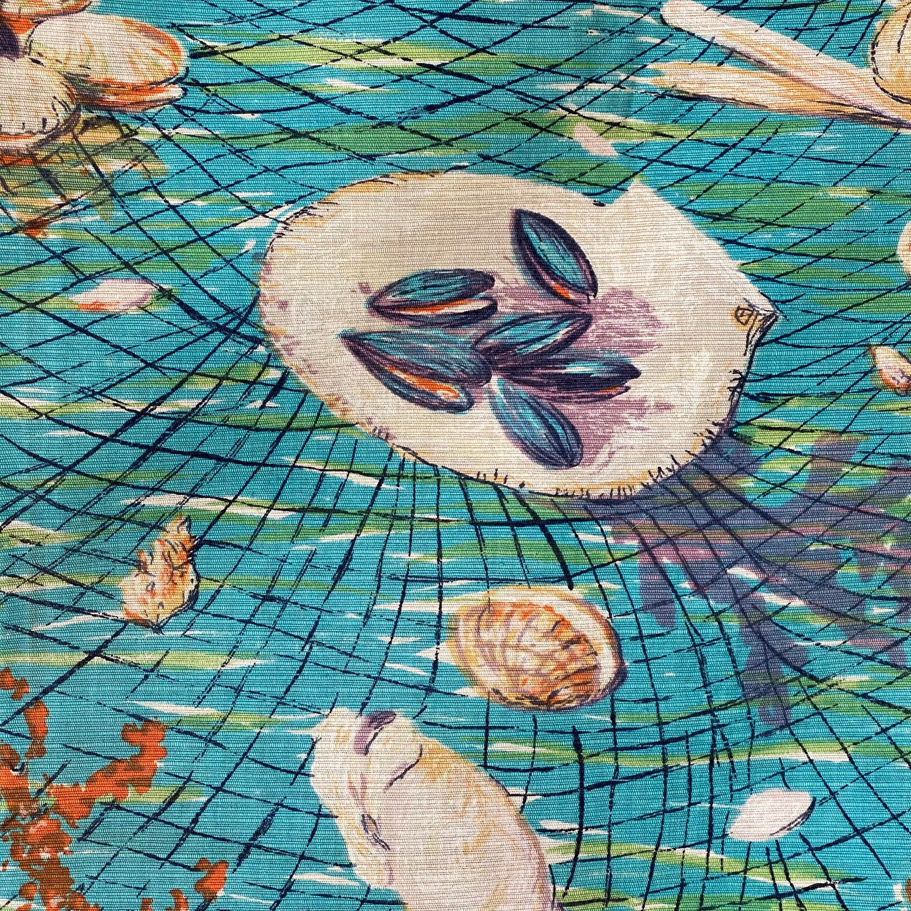 RARE Midcentury Modern French Curtain Sea Life Motif Seafood Clams ...