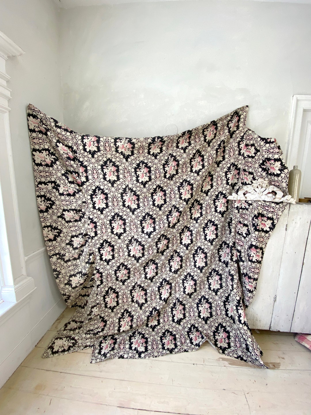 Bed Cover Bedspread 1890 Antique French Cretonne Panel Black Pink ...