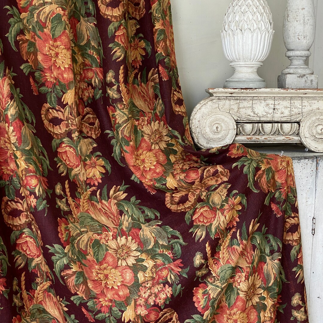 2 TWO SET Antique 1920's Printed Linen Curtain Drape Sold Curtains ...