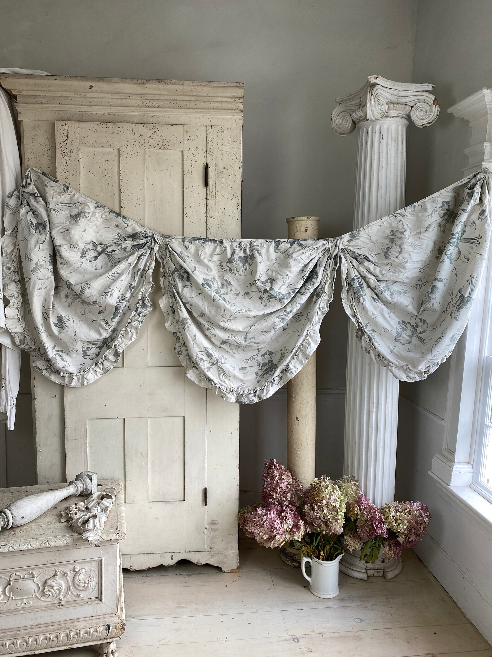 Festoon Valance Pelmet Antique GRAY / GREEN French Fabric C 1900 ...