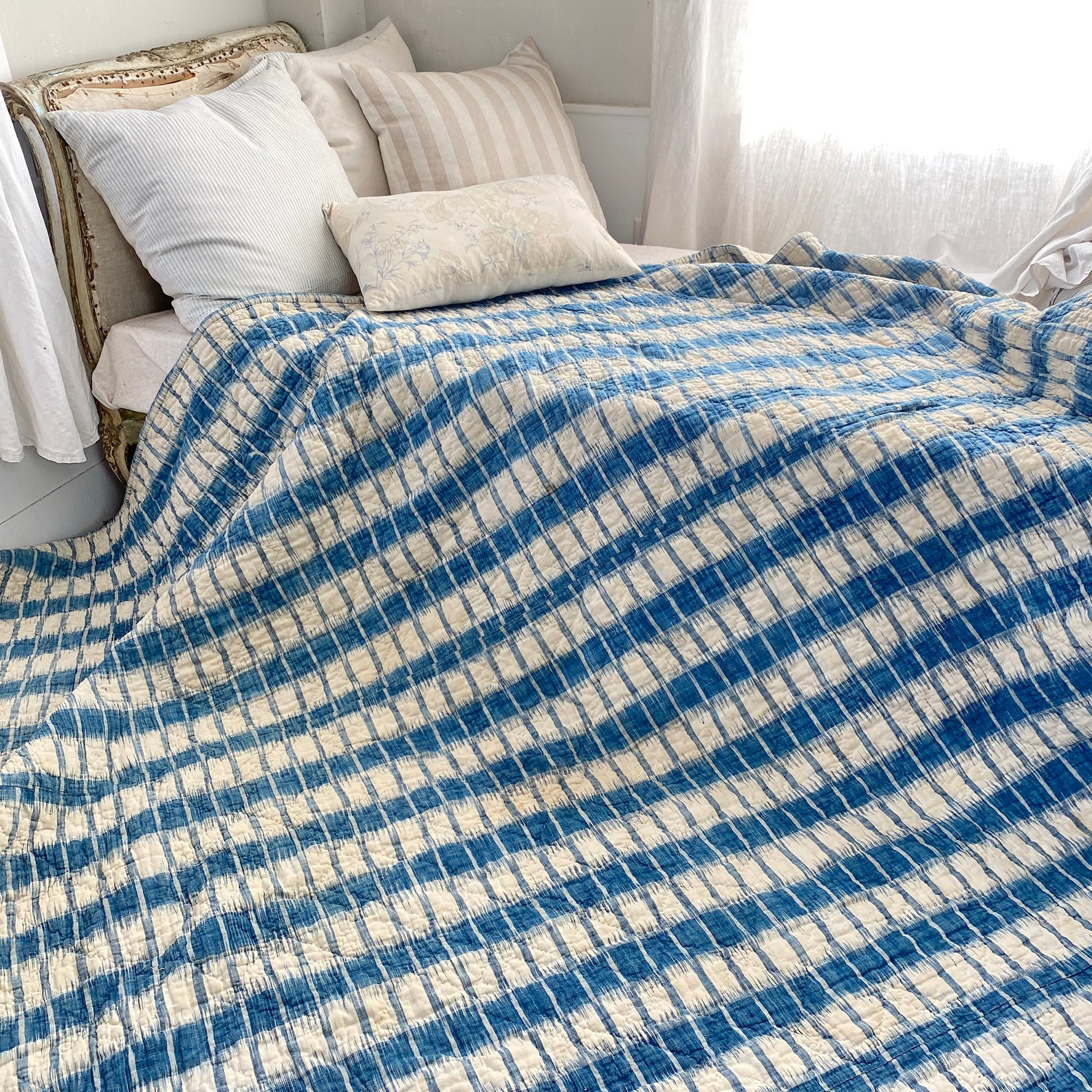 100X90 LARGE 18th Century 1700's Antique French Quilt Ikat Flamme Linen ...