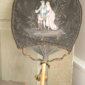 Antique Face Screen Fan Hand Painted With Family Sceen Black Velvet ...