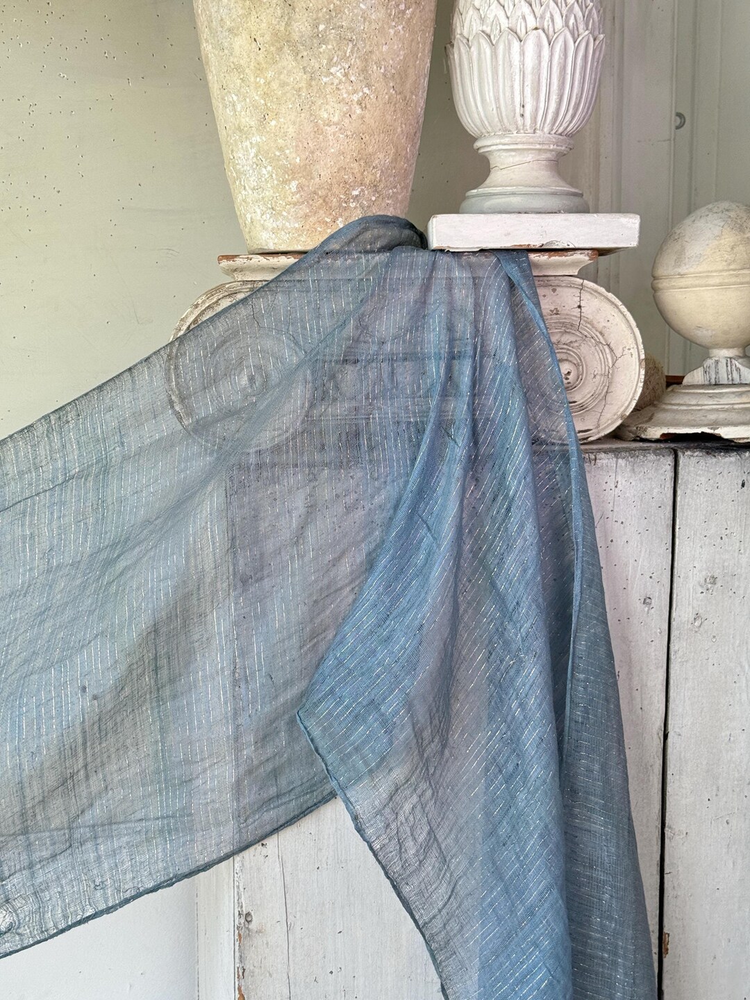 3.4 Yards Damaged Antique BLUE Fabric Portuguese Gauze + Silver ...