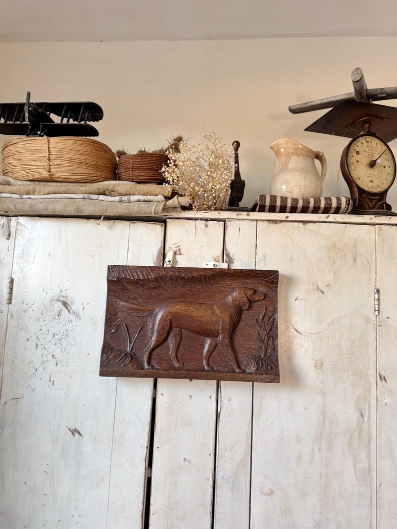 20x12 Vintage French Wooden Bas Relief Folk Art Pointer German Dog ...