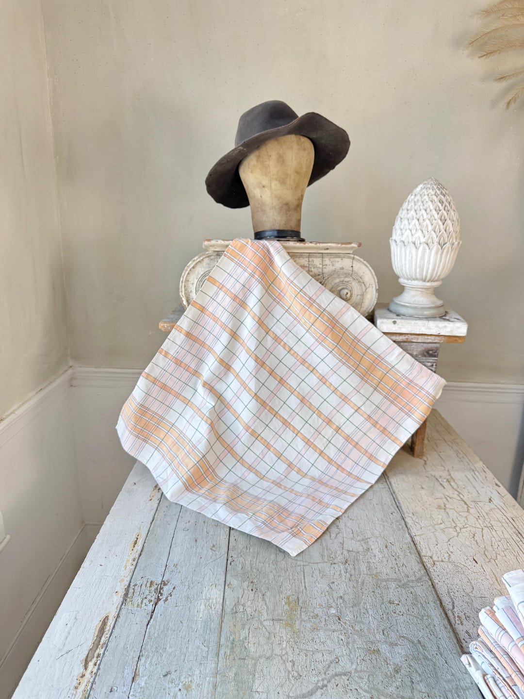 23x23 1920s 1930s French Cotton Napkin or Scarf Soft Pastel Plaid ...