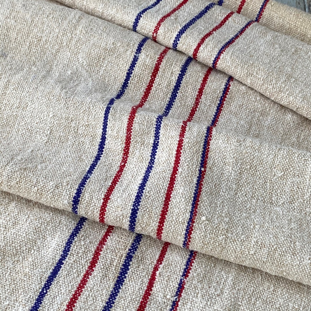2.5 Yards DAMAGED Grainsack Grain Sack Fabric Red and Blue Stripes DEAL ...