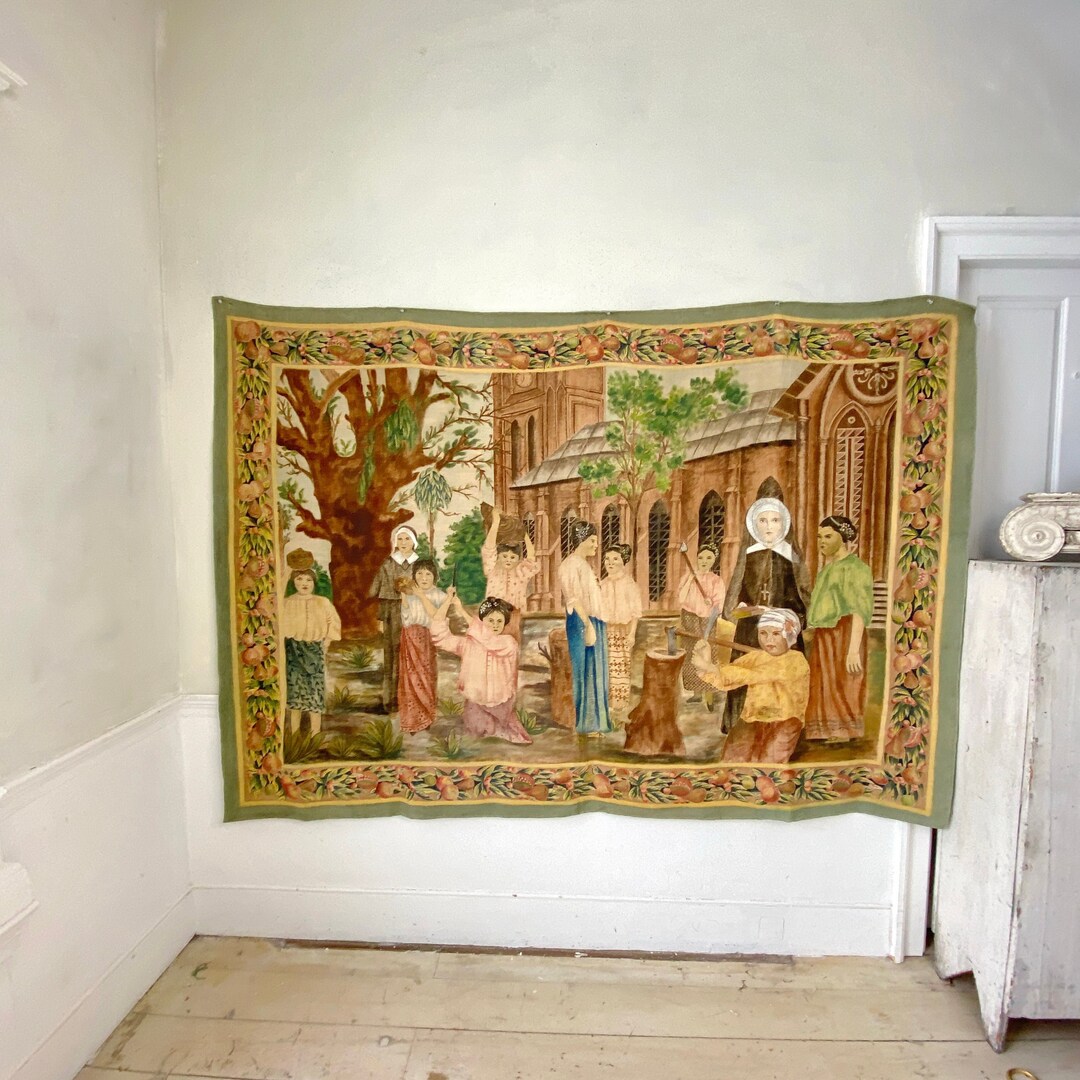 Antique French 19th Century Painting Painted Mural Tapestry Wall ...