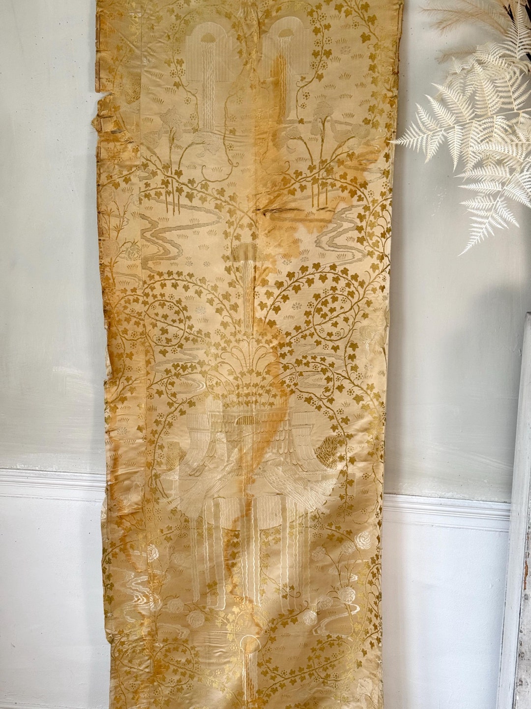 122x27 French GOLD Silk De Lyon Soie Golden Damask Fabric Material ...