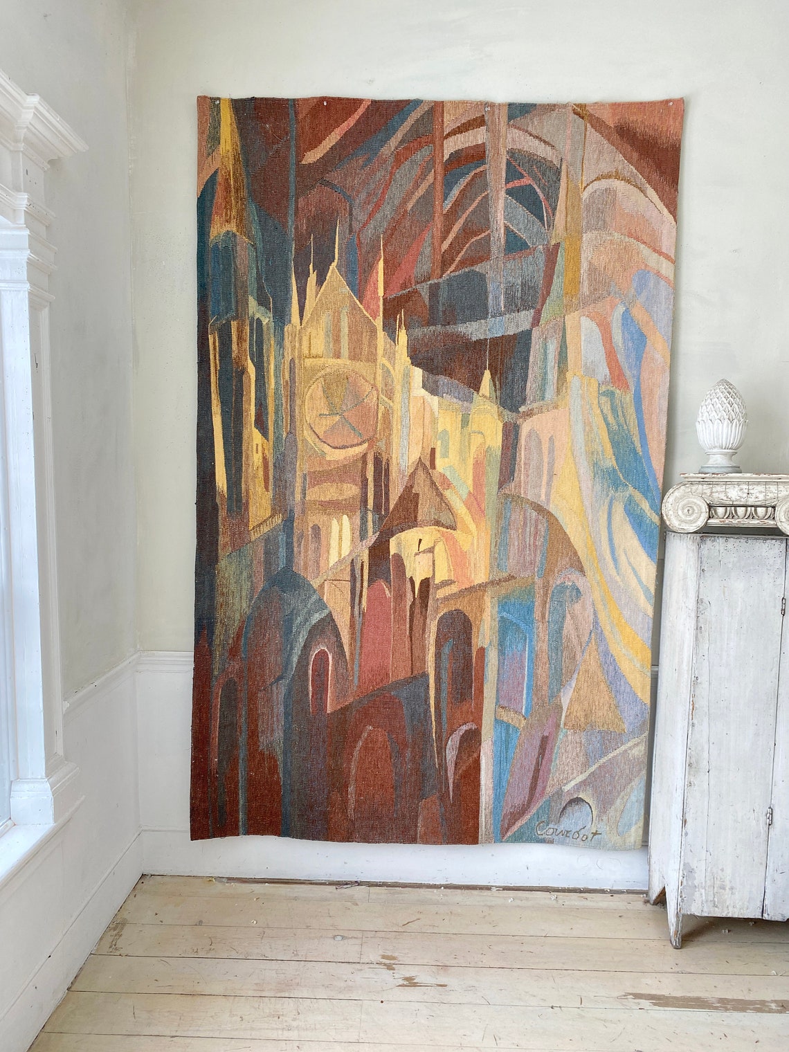 French Vintage Modern Art Tryptic Tapestry Wall Hanging Mural Handwoven ...