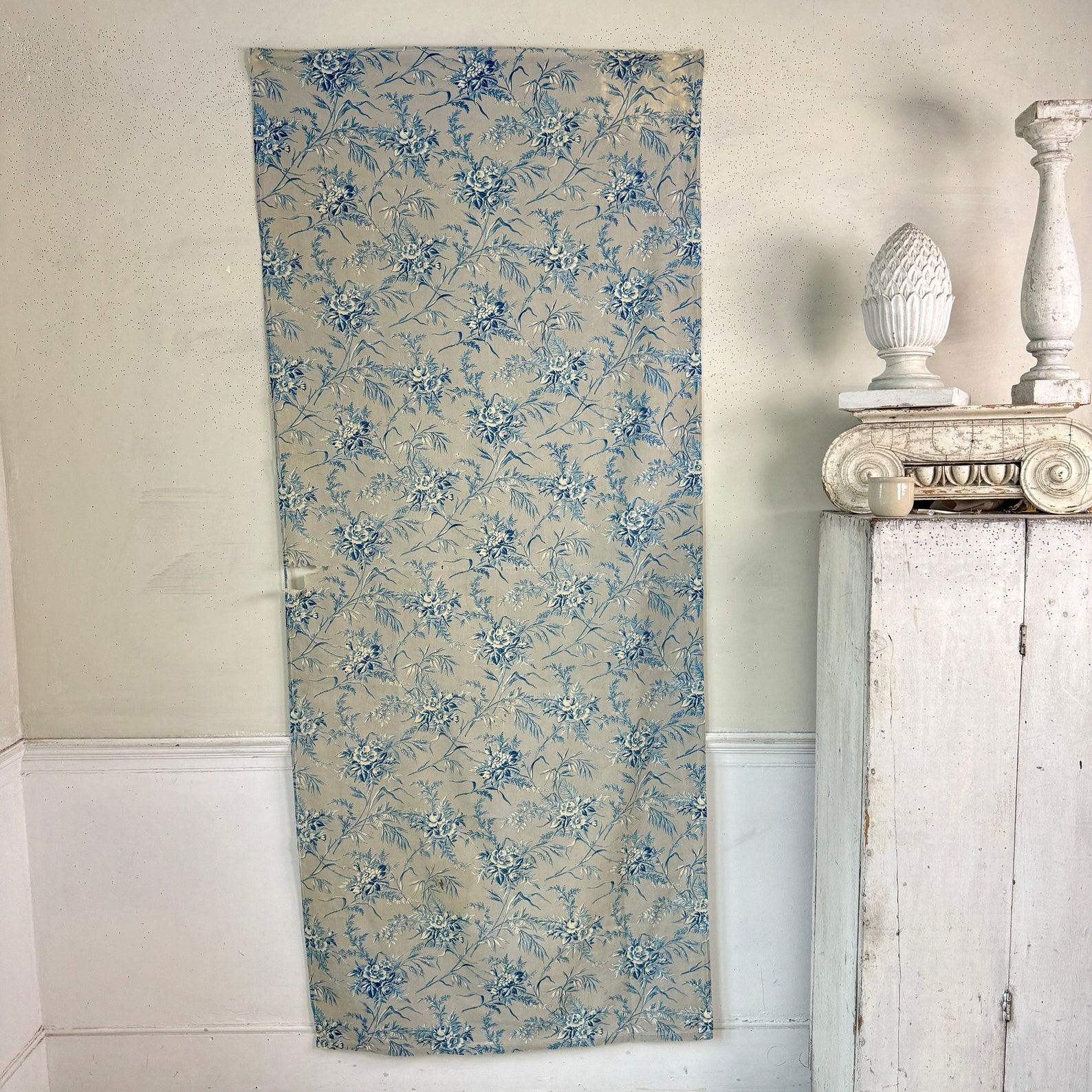 76x33 WOW Antique GRAY GREY Blue French Floral Fabric Material Delft ...