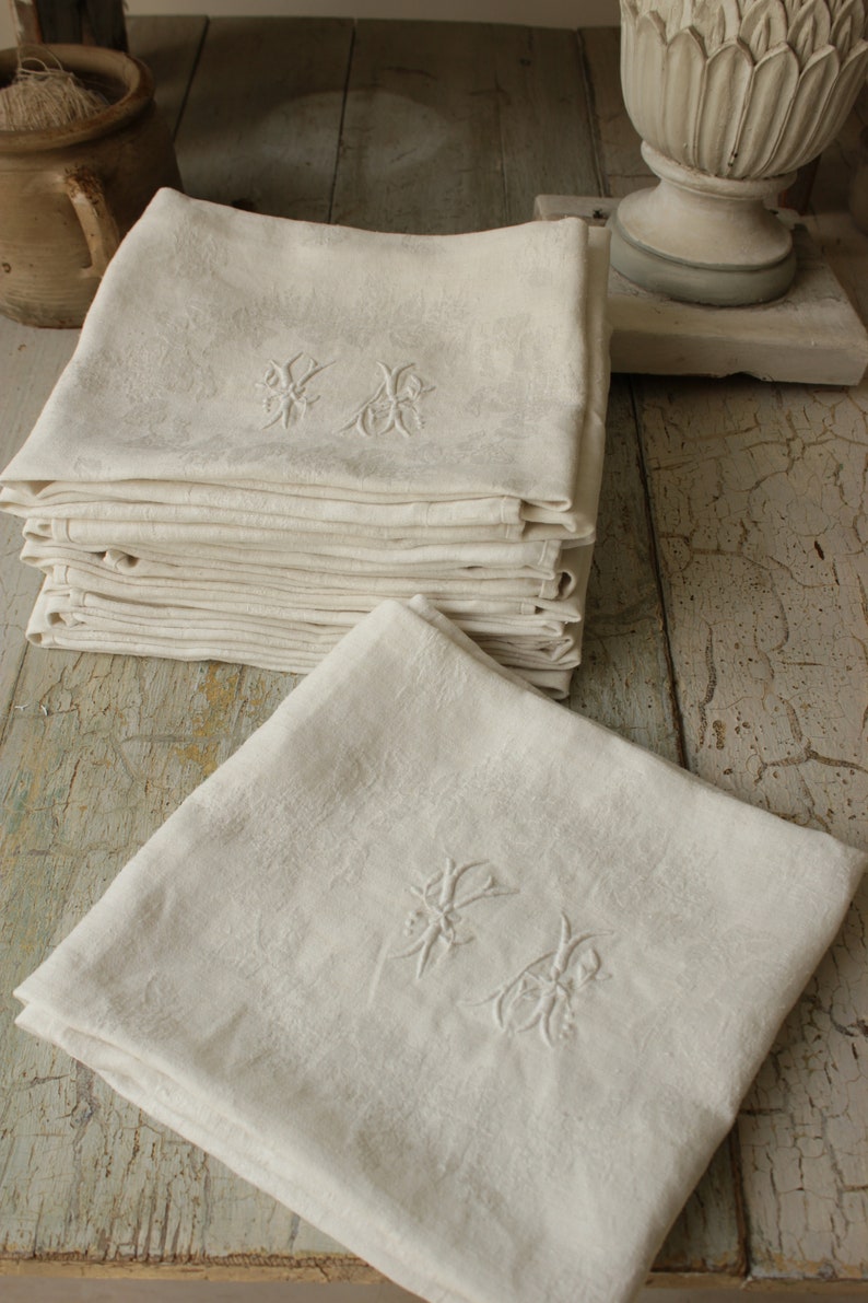 Antique French Set of 11 Large White Napkins Hand Stitched YA Monogram ...