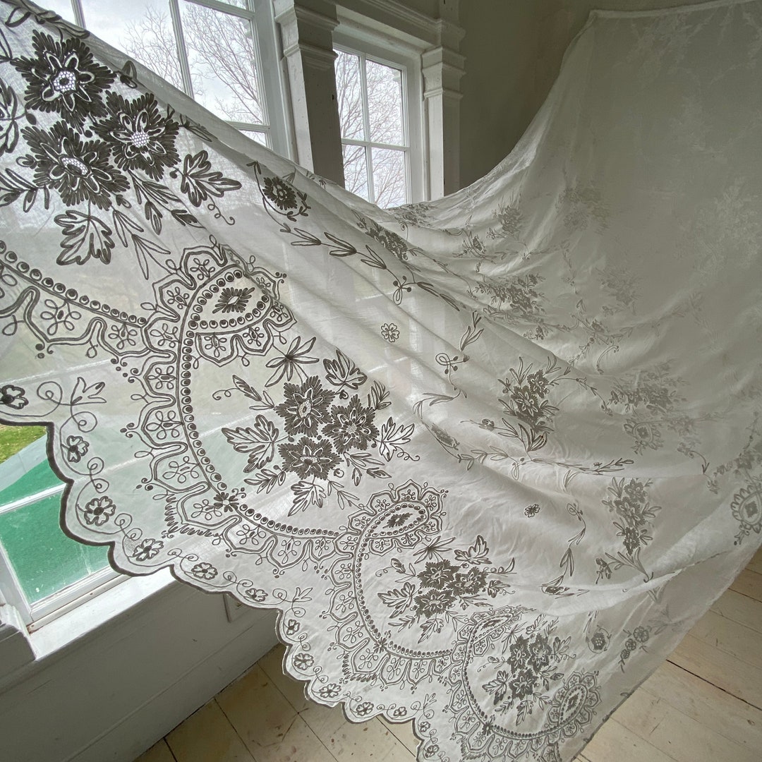 Antique Tambour Lace Sheer Curtain Panel 1800s White Lacework Cotton ...