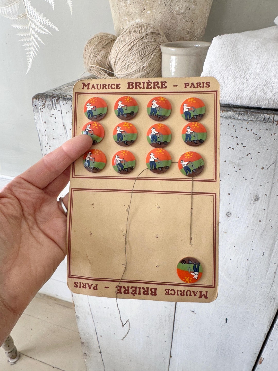 13 Hand Painted French Buttons Farmer Plow Maurice Briere Paris ...