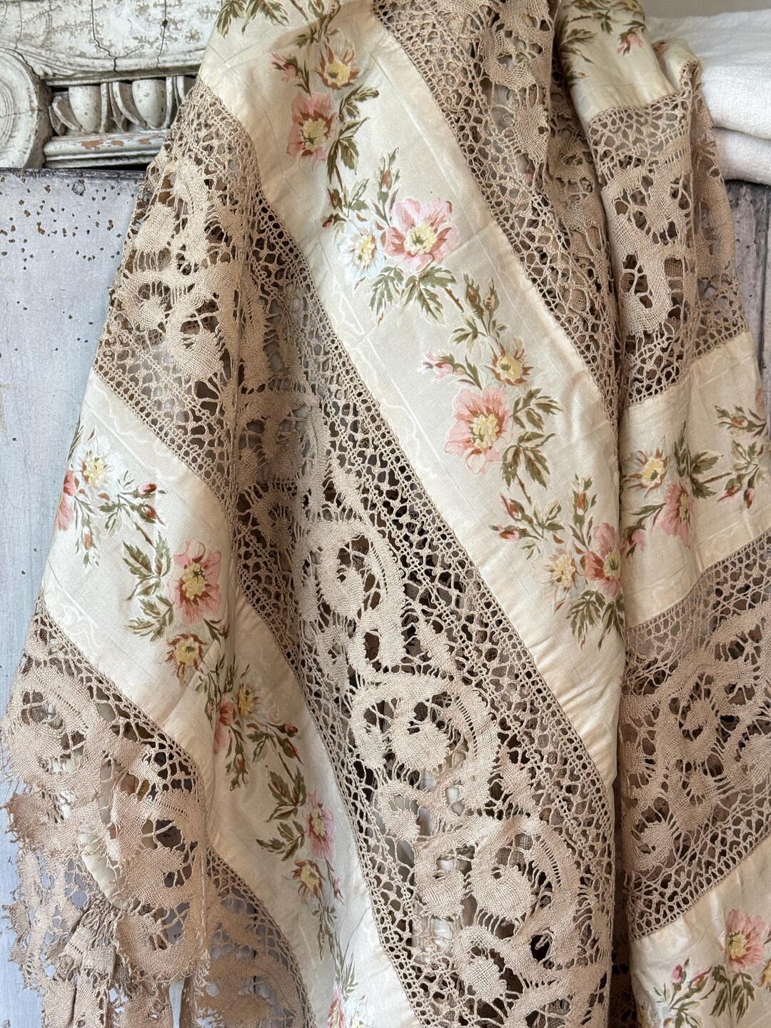 96x85 STUNNING Vintage French Tablecloth Bed Cover Silk Moiré Handmade ...