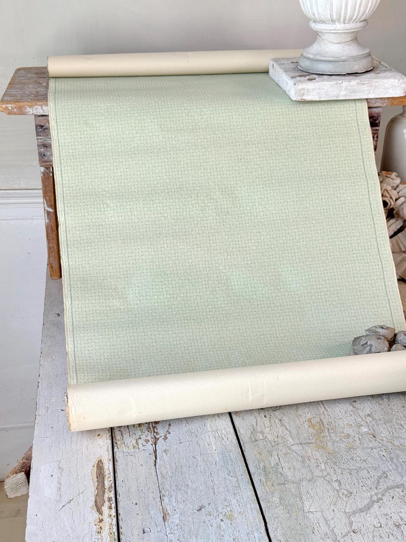 8 Yards Vintage French Wallpaper Roll Pale Apple Green Neutral Textured ...