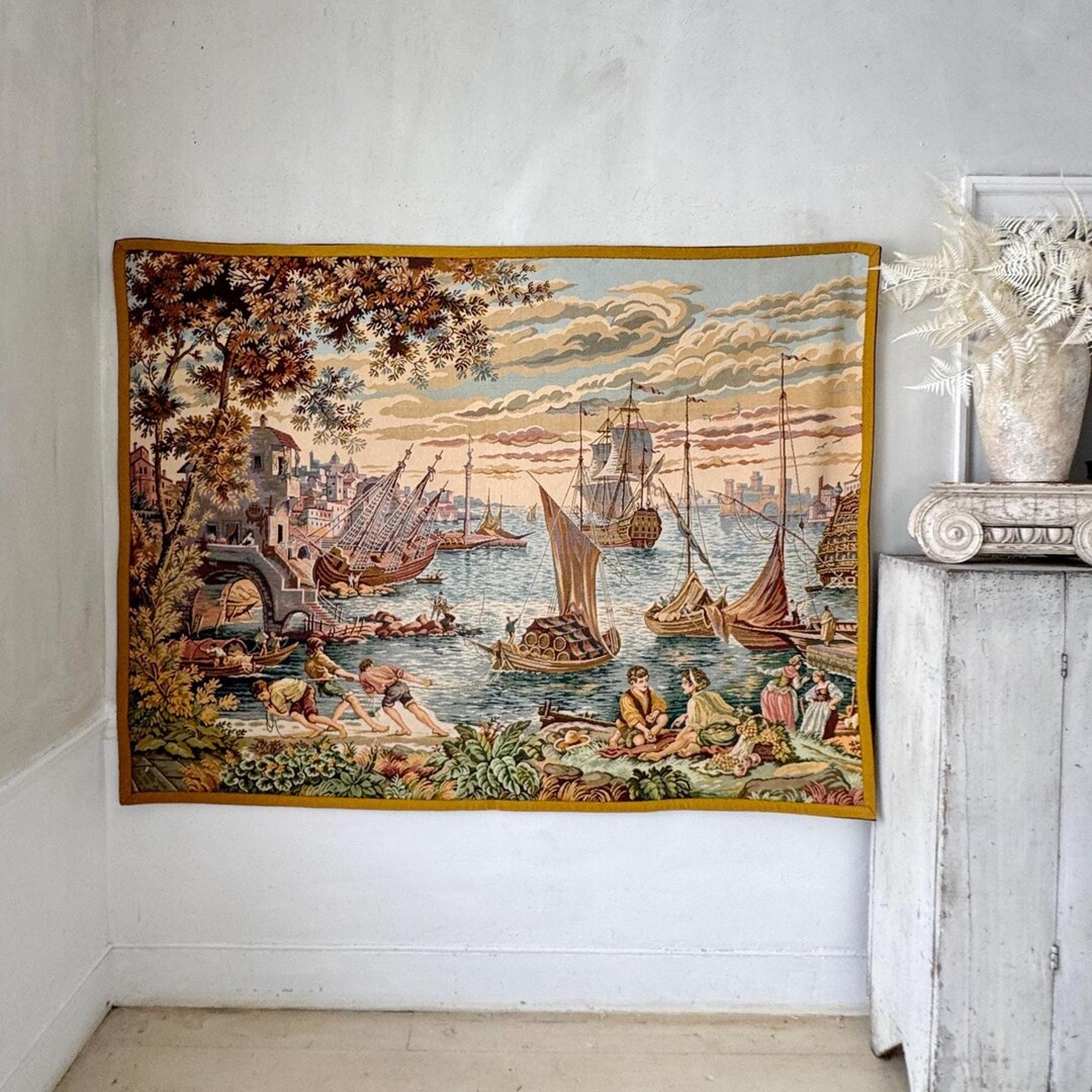 6.2ftx4.6ft French Jacquard Tapestry Harbor Ships Port Scene Textile ...