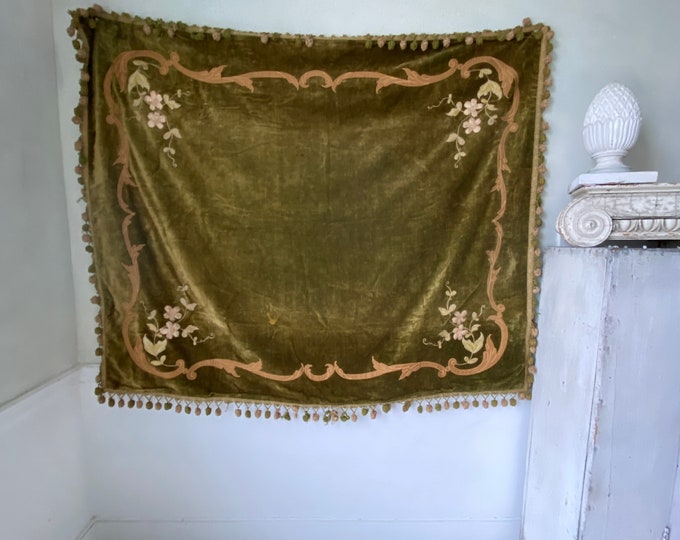 59X49 Wall Hanging Applique Antique Green VELVET Sumptuous Table Cover ...