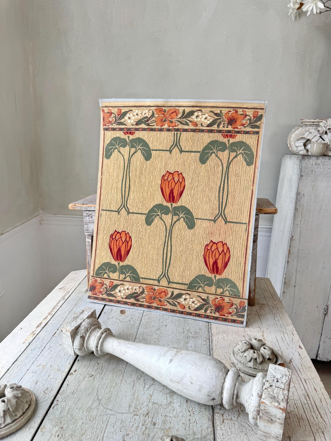 25x20 Frameable Antique French Wallpaper Wall Art Hand Block Printed ...