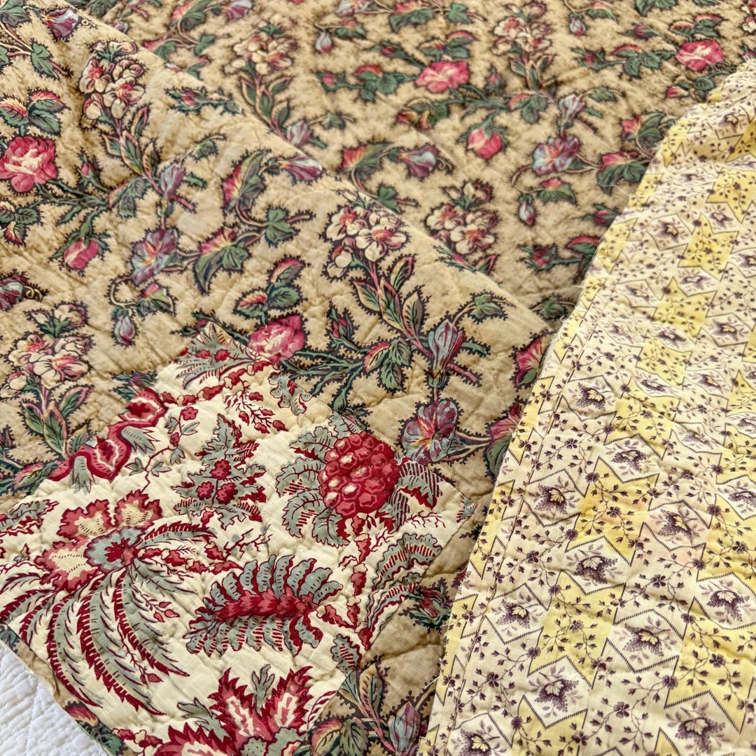 89x65 Antique French Boutis Quilt 1830 Block Print Green Chintz Cotton ...
