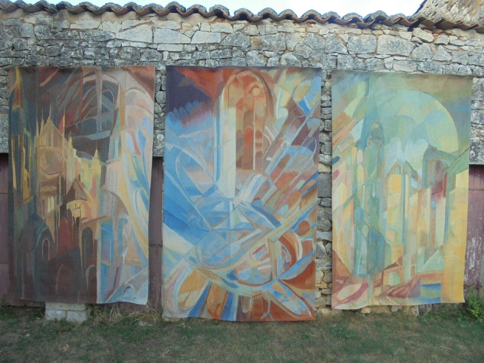French Vintage Modern Art Tryptic Tapestry Wall Hanging Mural Handwoven ...