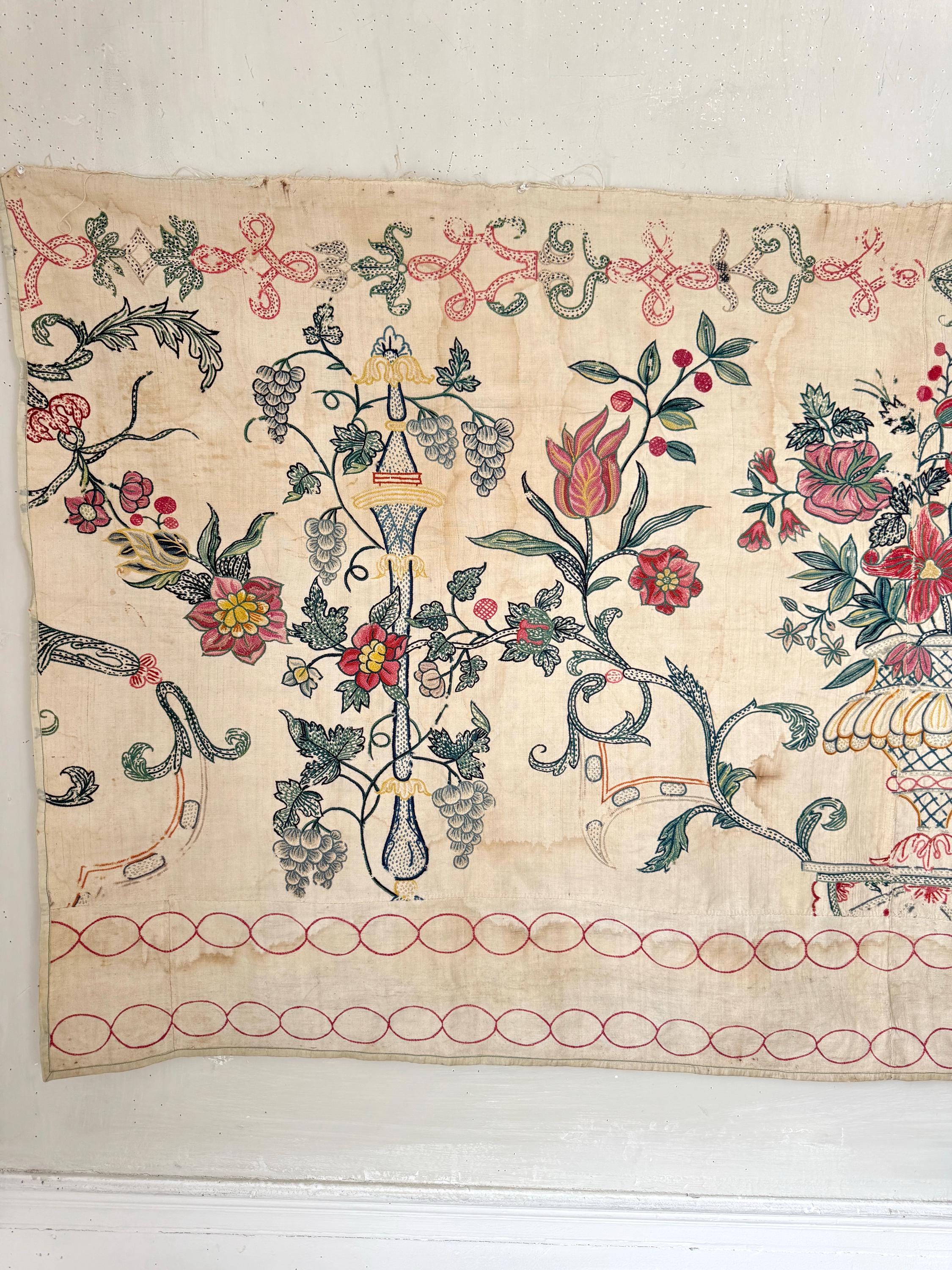 66x34 1700's Antique French Embroidery 18th Linen Crewel Handwork ...