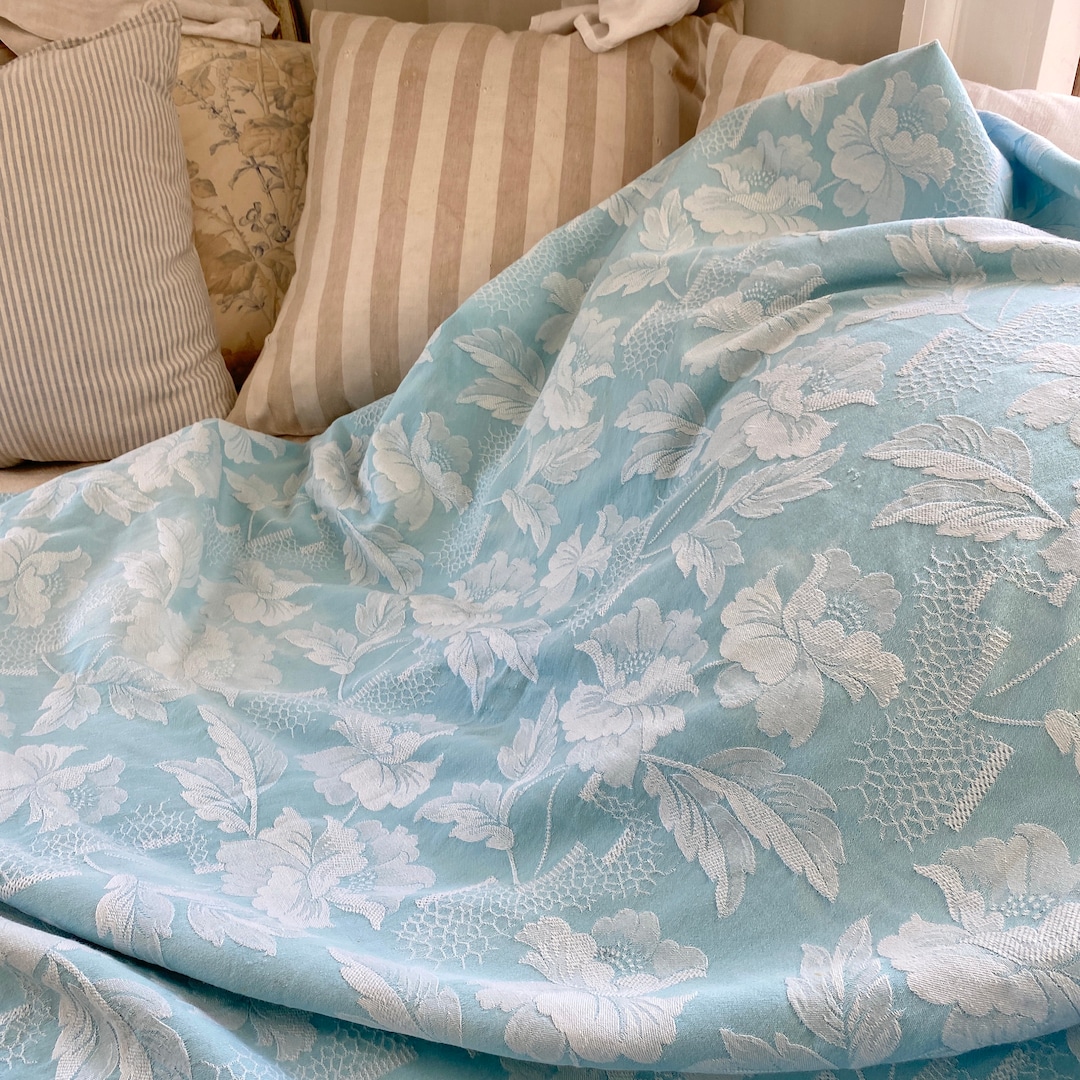GORGEOUS Pale Blue French Damask Floral Ticking Fabric 1940's LOVELY ...