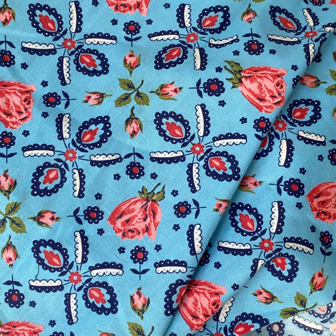 Blue Rose Fabric Unused Vintage American Cotton Material Quilting Quilt ...