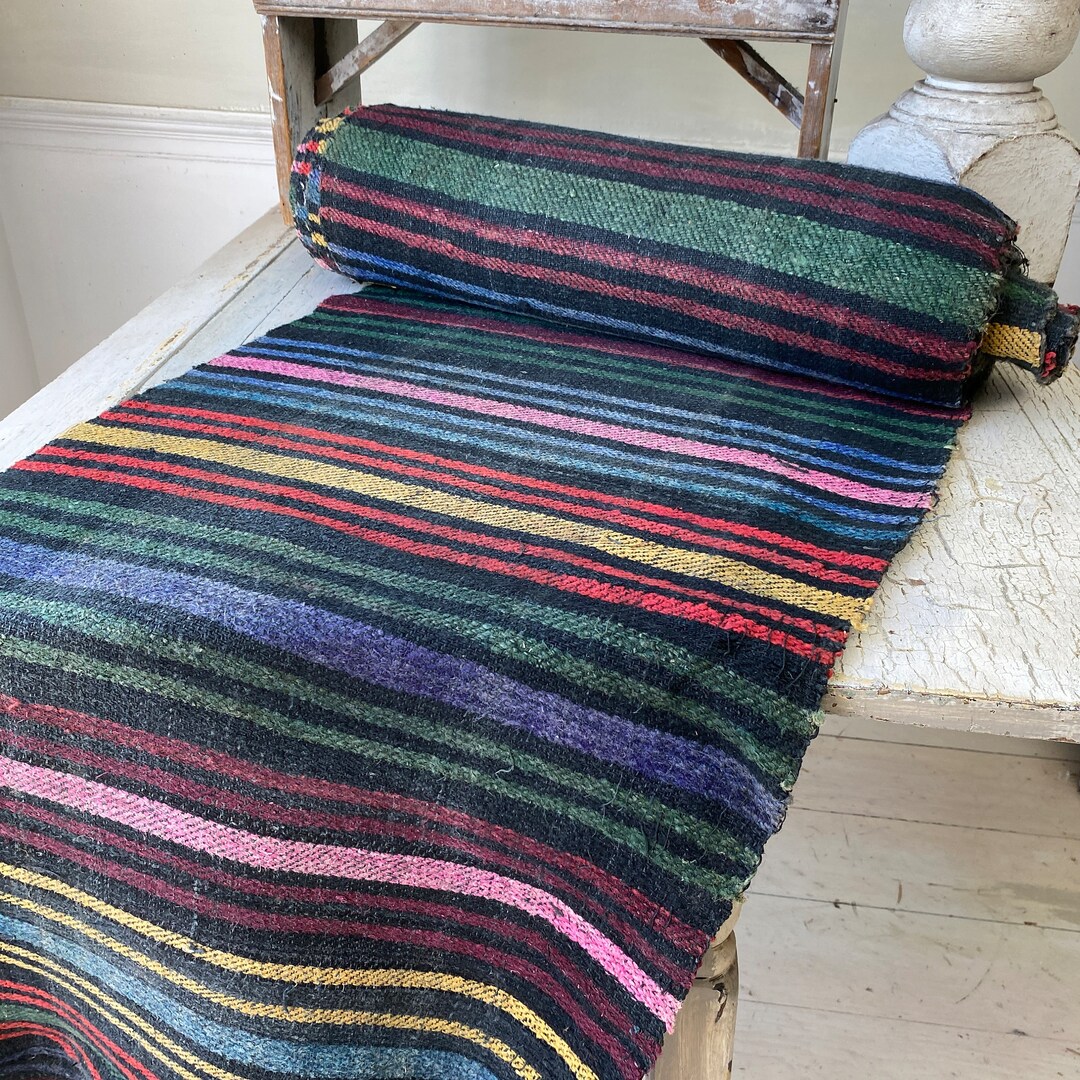 6 Yards RARE Black Hemp Vintage European Rag Rug Striped Multicolor ...
