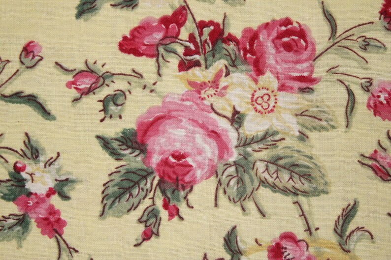 Vintage French Floral Fabric Pink Rose Flower Design on Yellow | Etsy