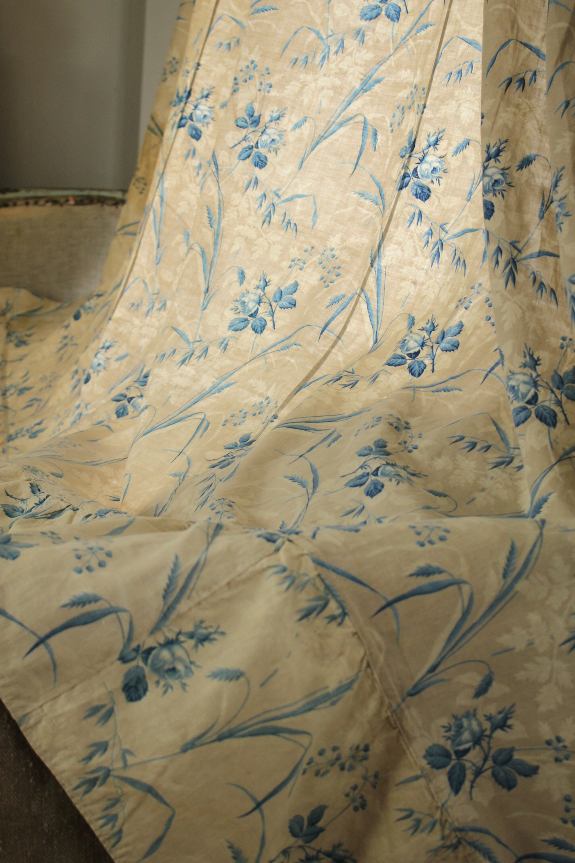Large Antique Curtain French Blue Floral 1860 Printed Drape - Etsy