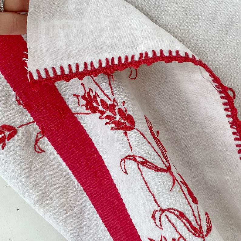 French Vintage 1930's Red Work Embroidery Alsace Alsatian Linen Redwork Embordered Fabric Eco ...