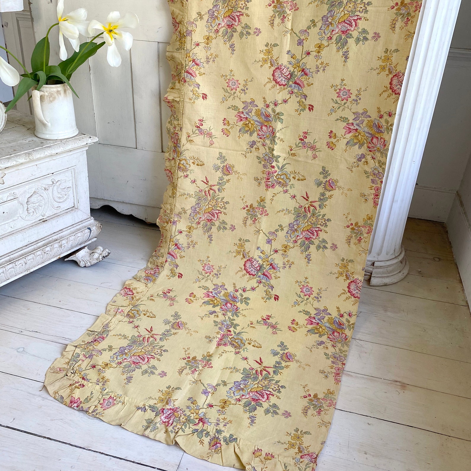 1920's Vintage French Floral fabric Curtain yellow ground | Etsy