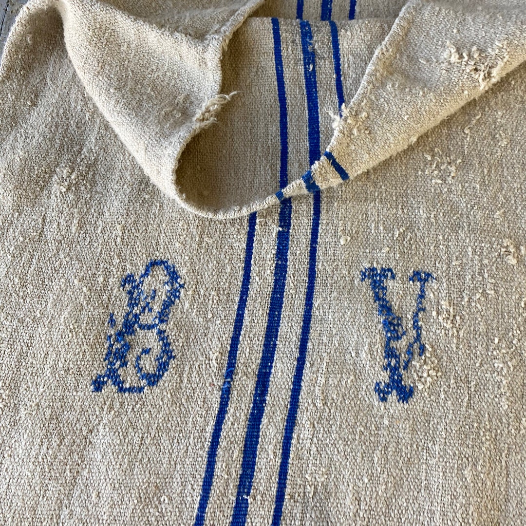 TIMEWORN Blue Stripe Grain Sack BV Monogram Rustic Primitive Linen ...