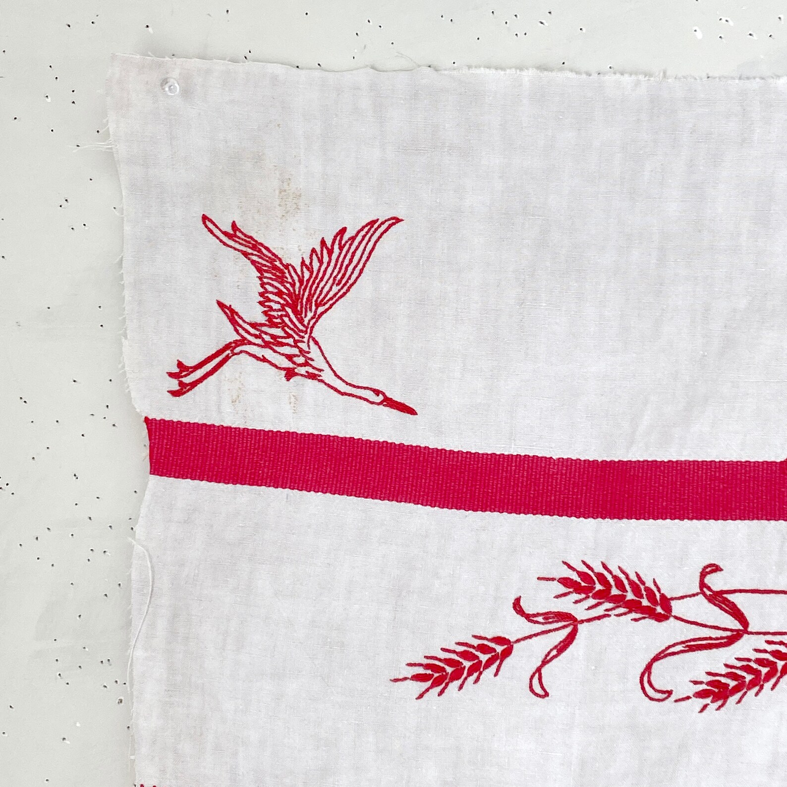 French Vintage 1930's Red Work Embroidery Alsace Alsatian Linen Redwork Embordered Fabric Eco ...