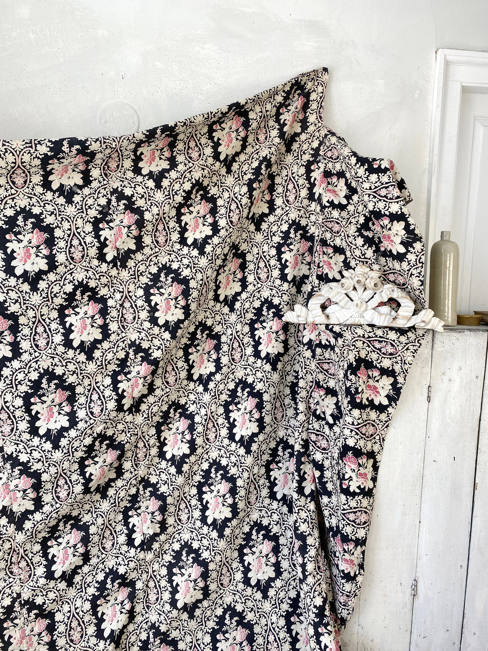 Bed Cover Bedspread 1890 Antique French Cretonne Panel Black Pink ...