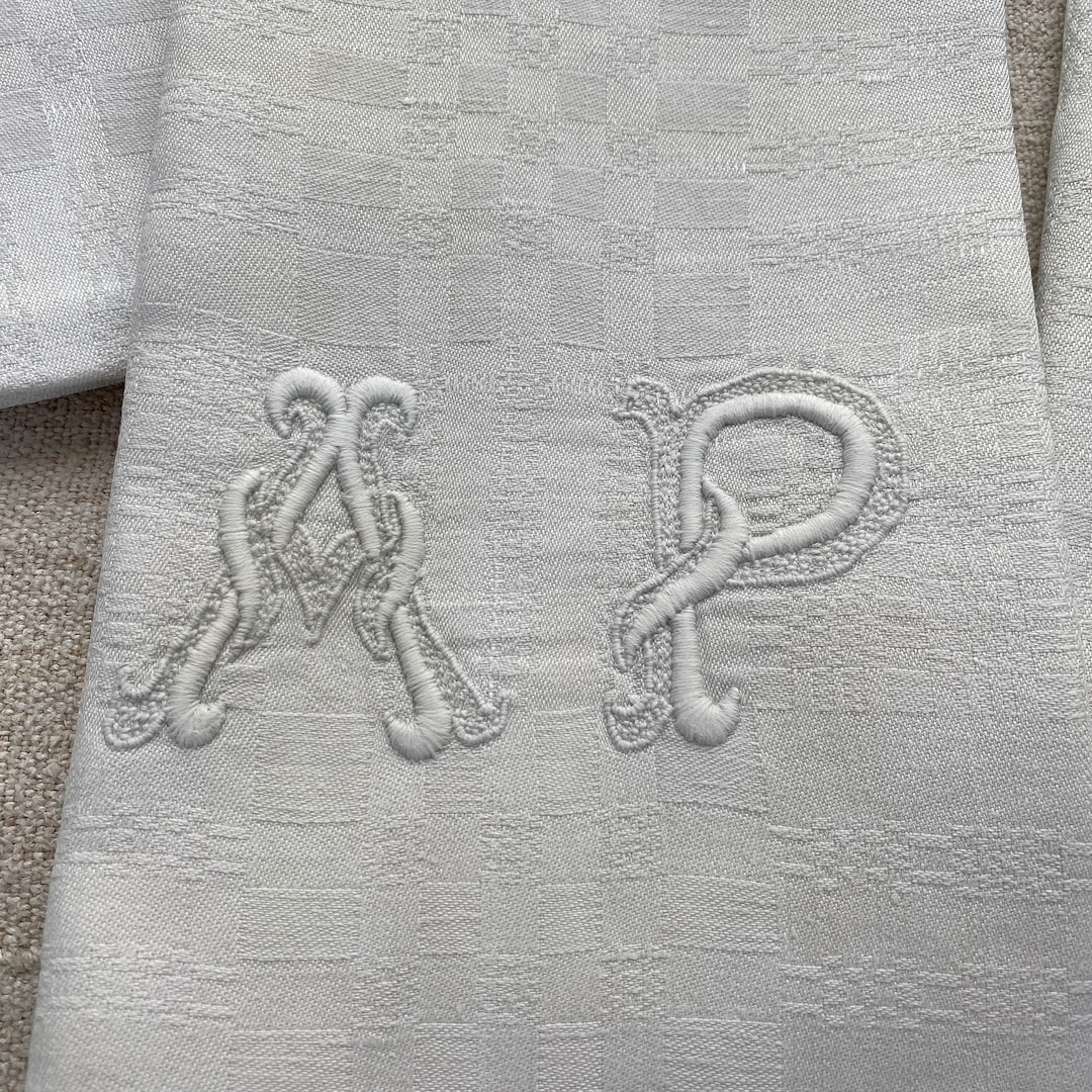 90X70 ( 2 Available ) Tablecloth Vintage French AP Monogram RARE White ...