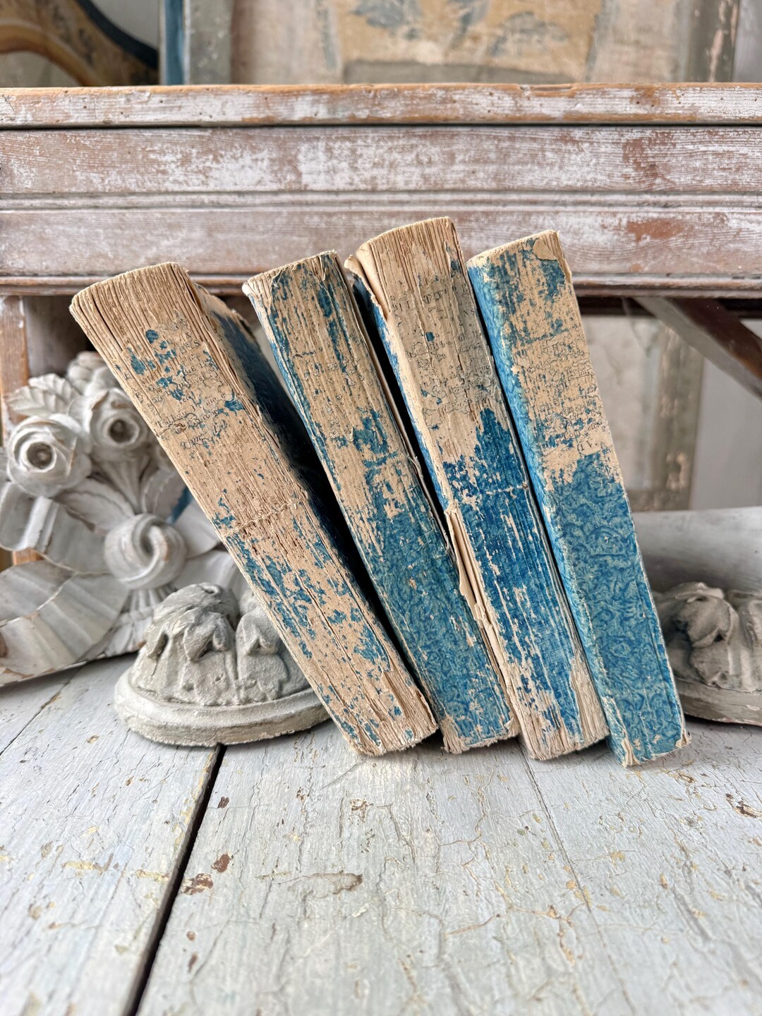 1800 Set 4 Antique French Books Blue Marbled Paper Covers Histoire ...