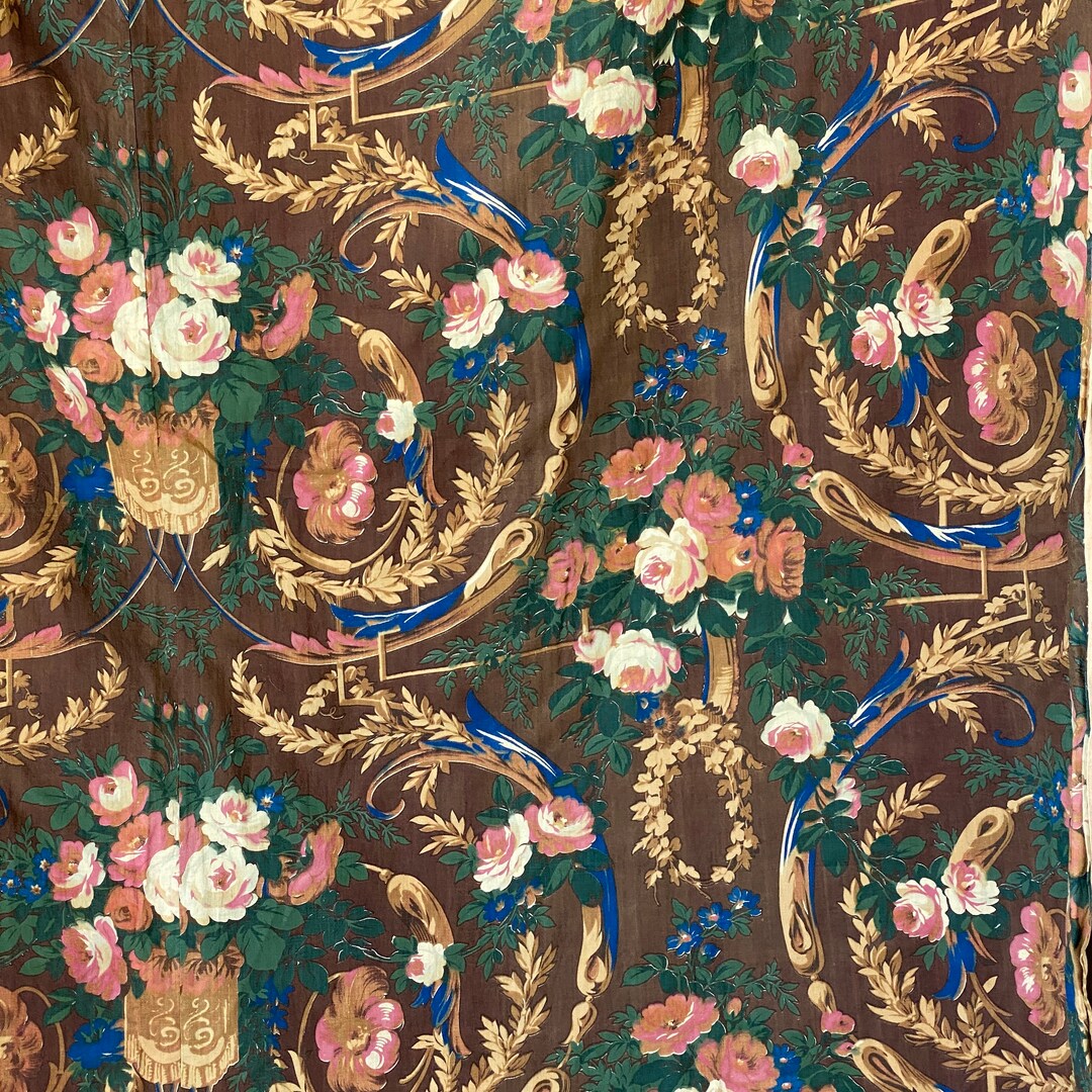 Rococo French Textile C1850 Block Printed Curtain Material BROWN Ground ...