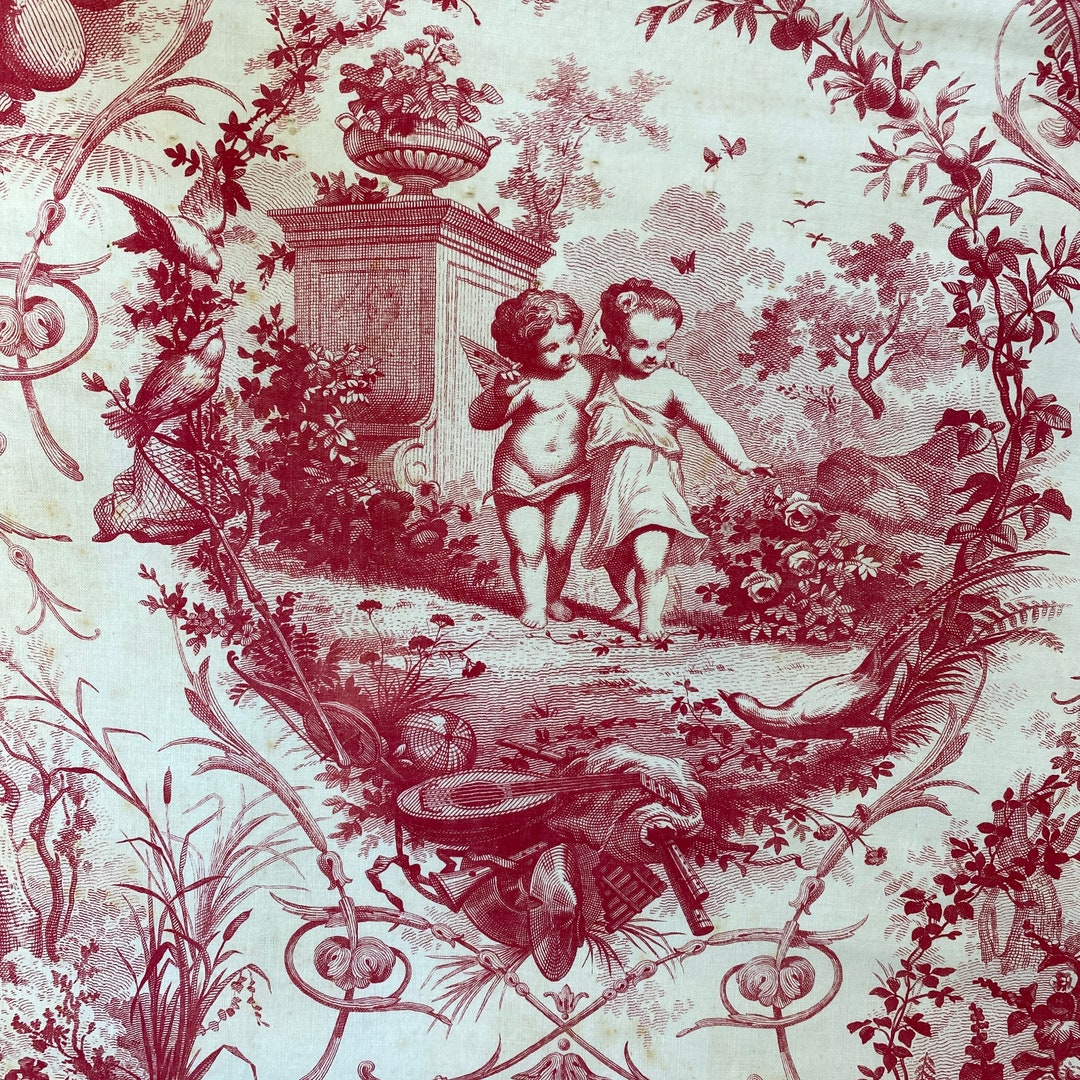 1900 Antique French Cupid Angels Red White Toile Fabric Material Old ...