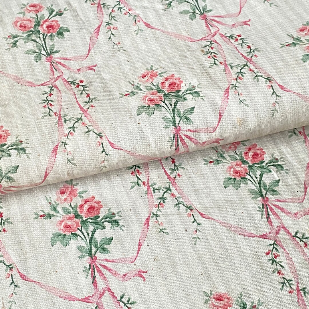 94 X 32 Faded Floral 1900 Antique Fabric Bow + Flower Pattern Stylized ...