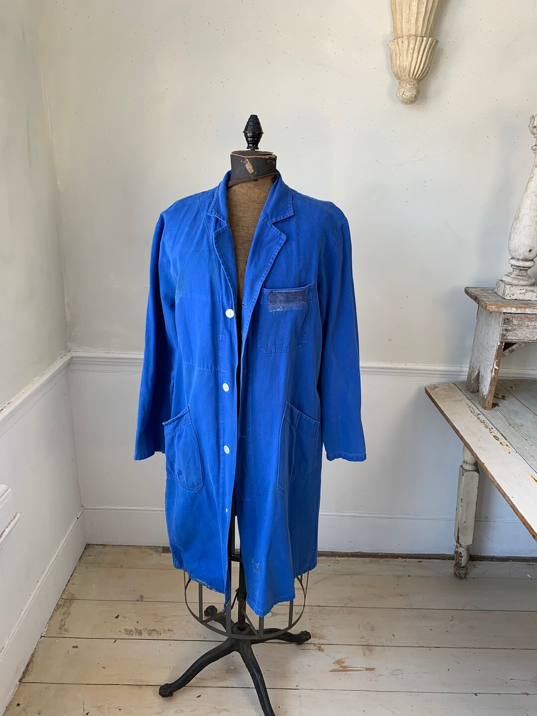 Vintage Jacket French Long Prussian Blue Lab Coat Farmer's clothing lab ...