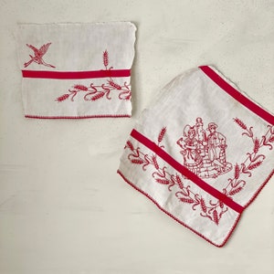 French Vintage 1930's Red Work Embroidery Alsace Alsatian Linen Redwork Embordered Fabric Eco ...