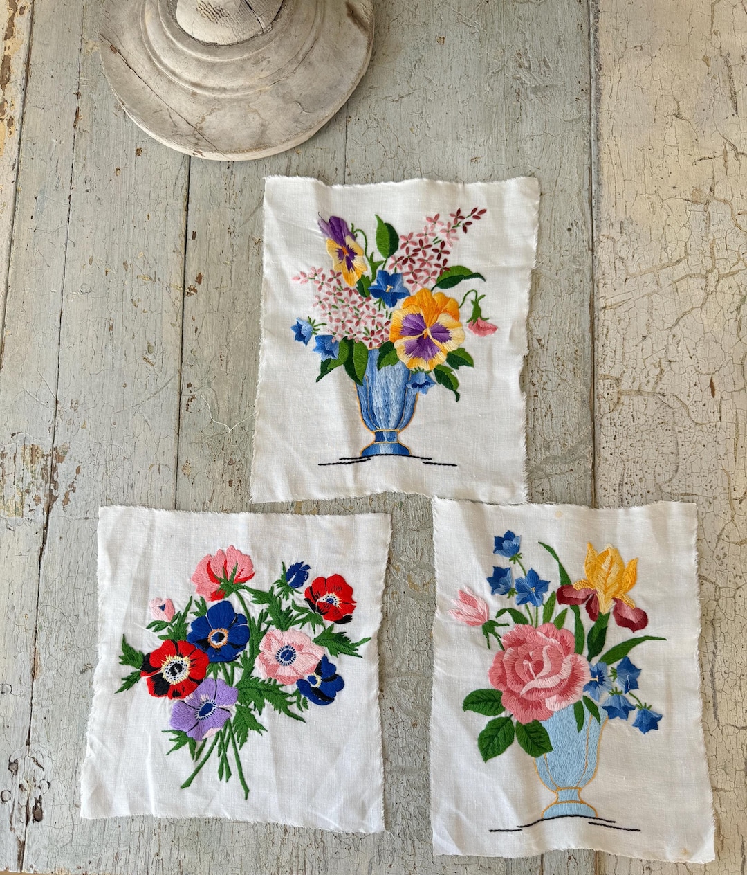3 Vintage Decor French Hand Embroidered Embroideries Embroidery Floral ...