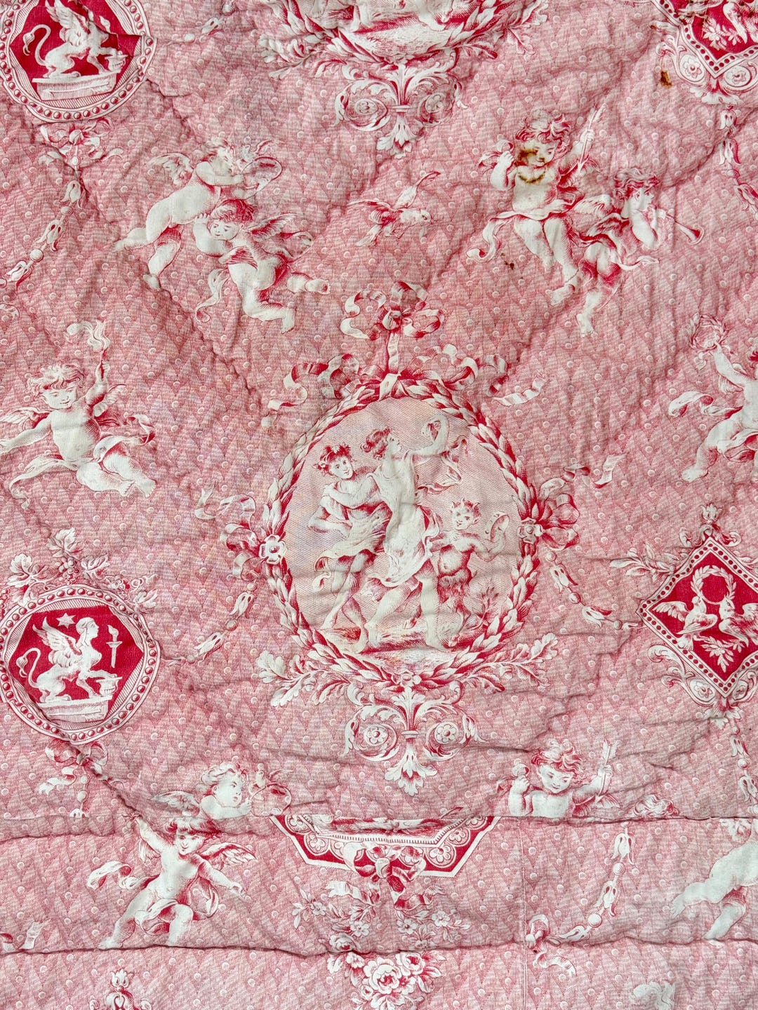 82x 76 1804 Antique French Toile Jouy Quilt Boutis Textile Pink Angels ...