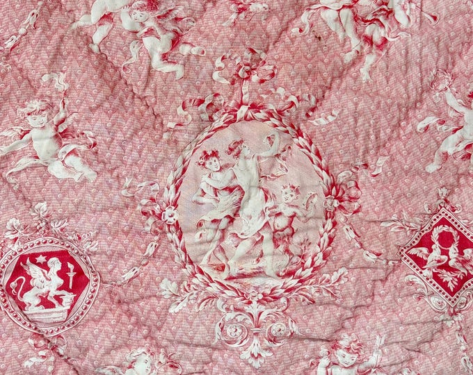 82x 76 1804 Antique French Toile Jouy Quilt Boutis Textile Pink Angels ...